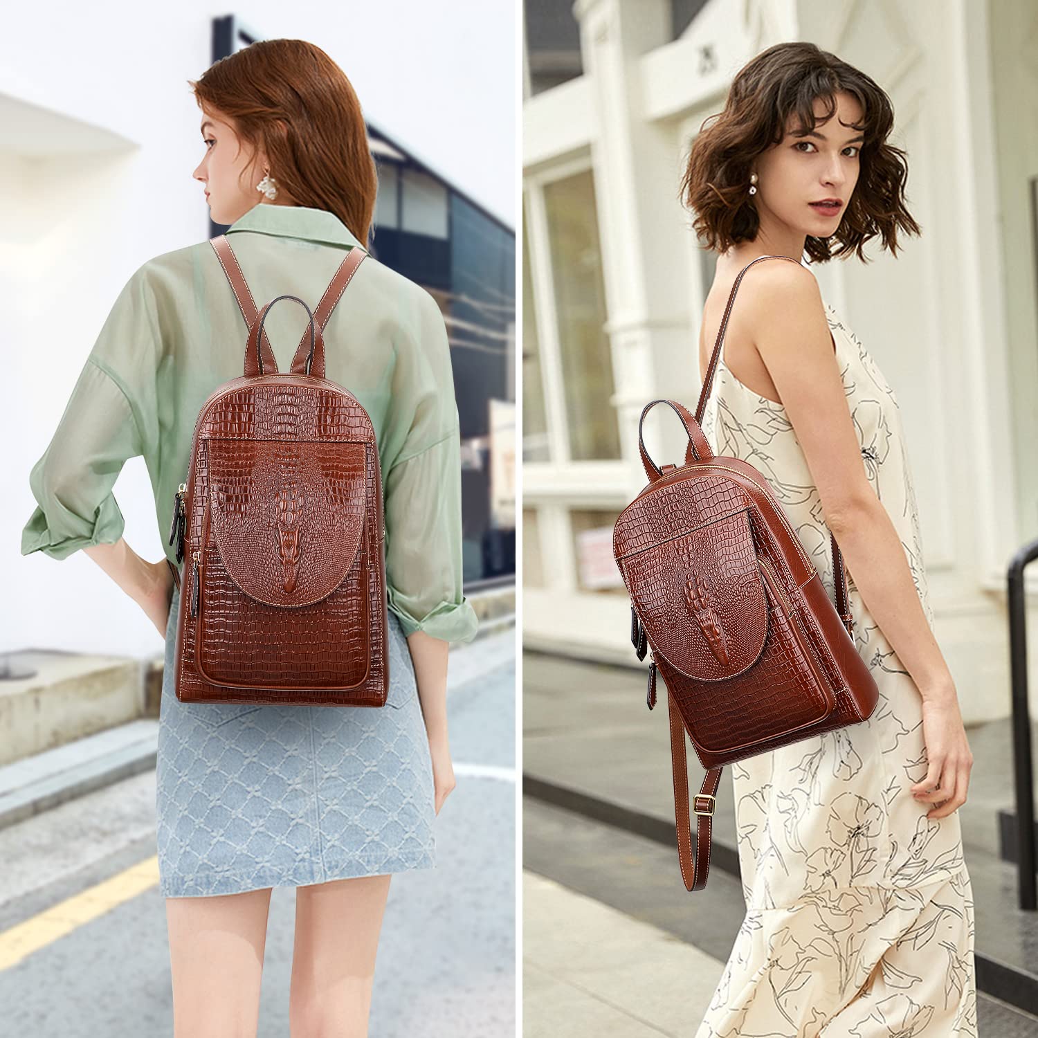 PIJUSHI Womens Genuine Leather Backpack Purse for Women Crocodile Leather Backpack (66512 Brown)