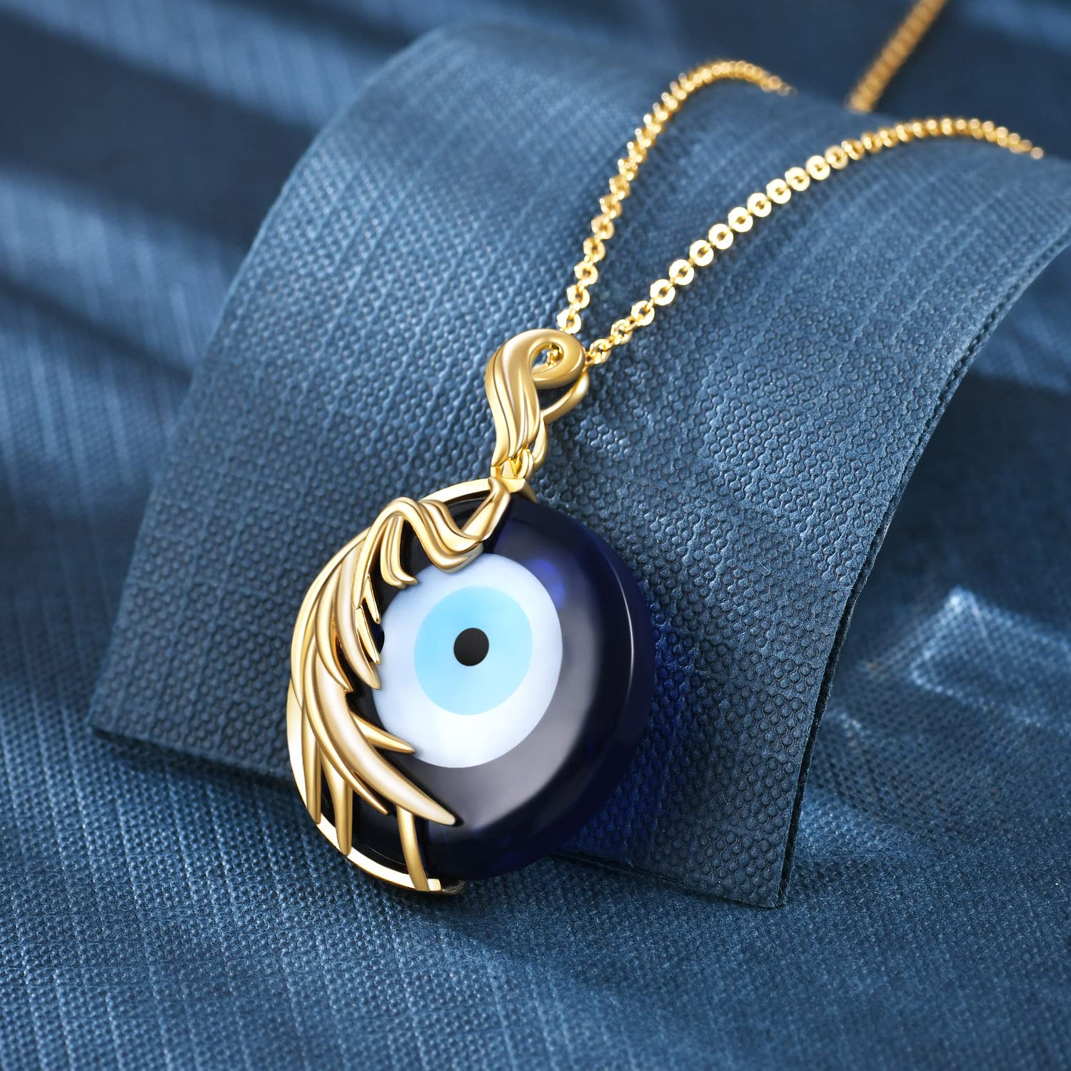 OLARCU Evil Eye Necklace, 14K Gold Angel Wing and Third Eye Ojo Pendant Necklace for Women Men