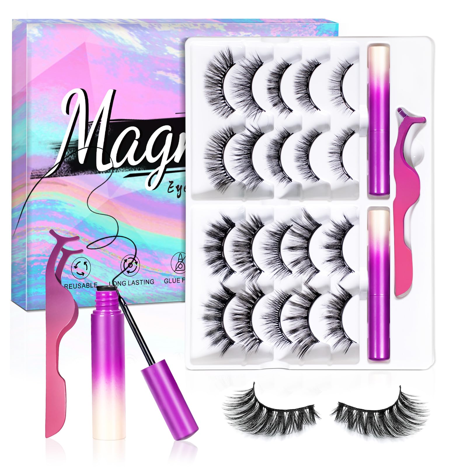Magnetic Eyelashes with Magnetic Eyeliner Kit, 3D Natural Look False Eyelashes, Reusable Magnetic Lashes with Eyeliner and Tweezers, No Glue (Gradient Purple)