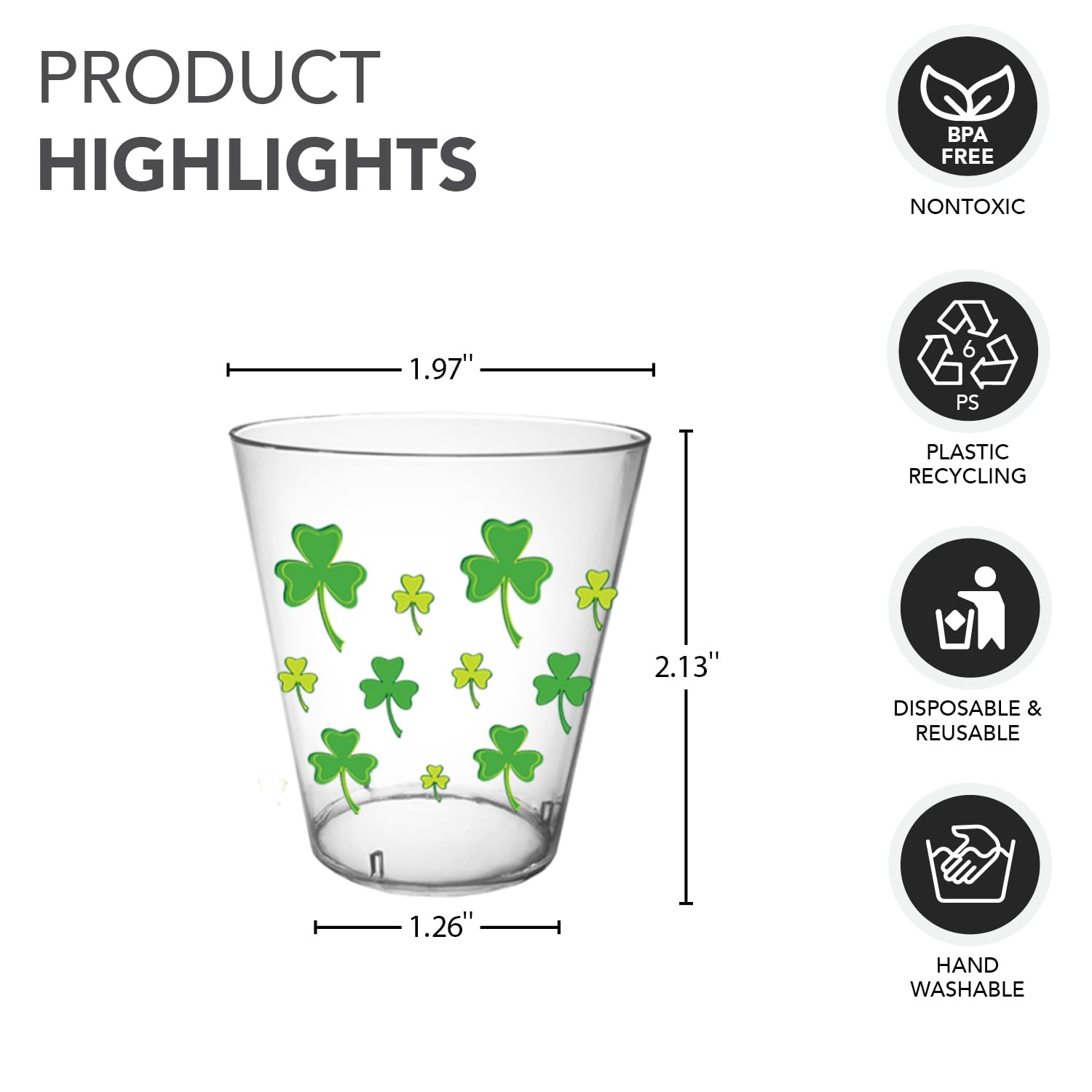Party Essentials 40Count Hard Plastic 2 oz Printed Shot Glasses, Shamrocks, Clear