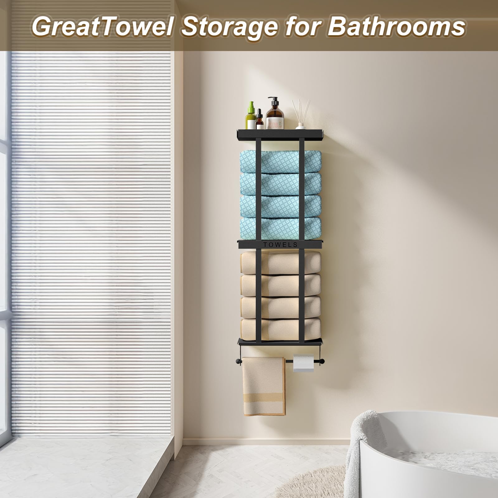 XWF Bathroom Towel Storage Rack,Wall Mounted Metal Bathroom Organizer,Wall Mounted Roll Towel Rack 30-Inch with Shelf for 6 Large Towels (Black)