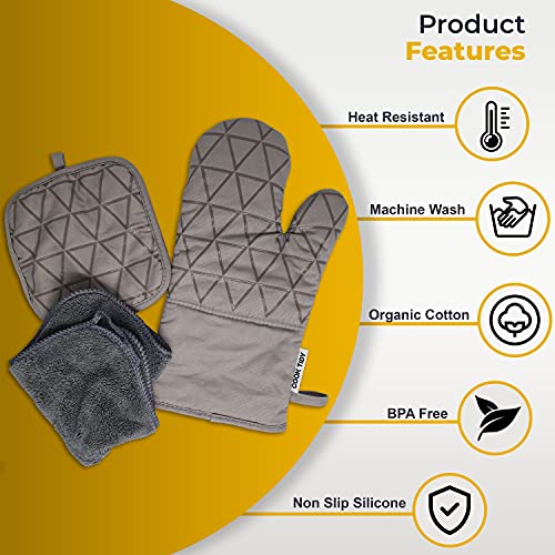 Oven Mitts & Pot Holders Sets - Kitchen Gloves & Towel Gift Box Set Gray 6Pcs by COOK TIDY - 13β Xtra Large Thick Washable - Professional & Heavy Duty - Protective Long Cuff for Cooking, Baking, BBQ