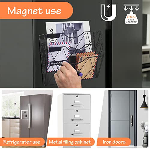Magnetic File Holder, File Organizer for File Cabinets, Mail Organizer Vertical Magazine Holder for Refrigerator, No-Drill Mount Hanging Magnetic Folder Holder for Office Home(3-Tier, Black)