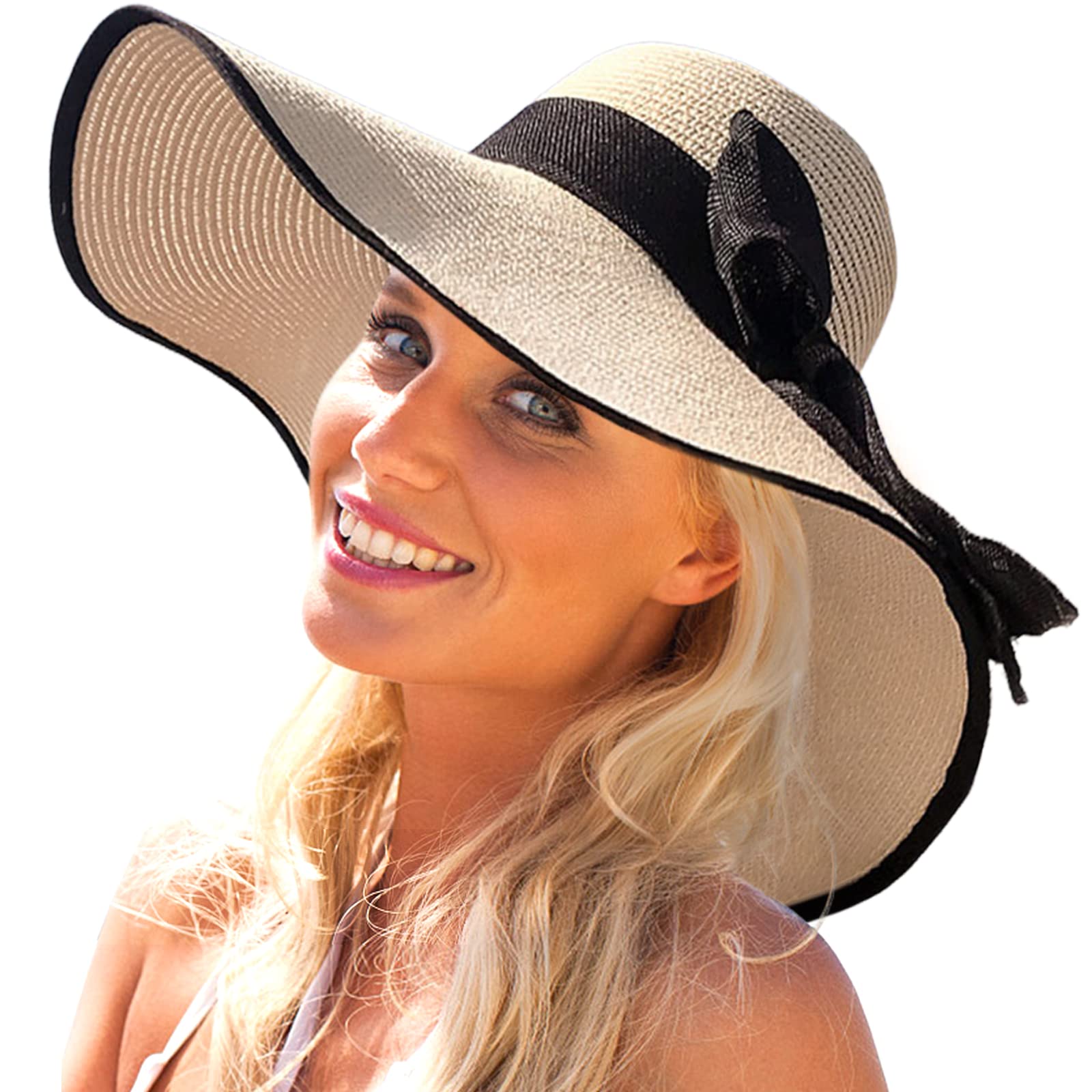 Karcusiny Sun Hat Womens Foldable Straw Hats Wide Brim Beach Hat Packable Sun Hat Women Summer Roll Up Sun Hats for Women (Black Edge-Beige)