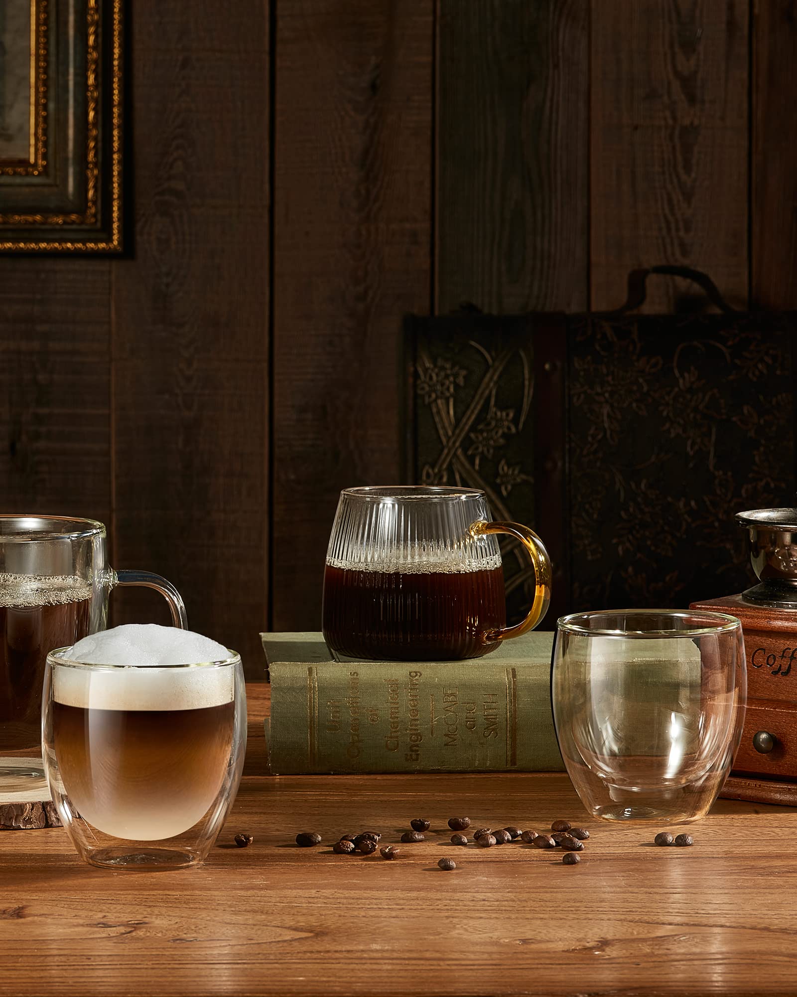 Nachell Glass Espresso Cups Set of 4-8 oz Double Wall Glass Coffee Mugs Clear Coffee Tumblers,Insulated Borosilicate Glass Drinking Cups for Latte Cappuccino Tea Drink