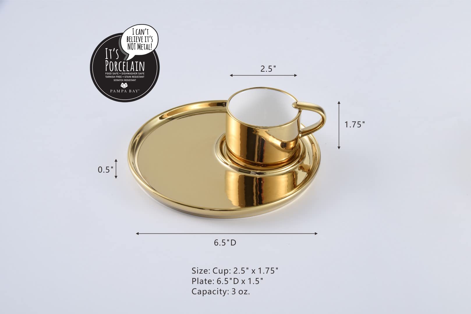 Pampa Bay For Coffee Lovers Titanium-Plated Porcelain Espresso Cup & Plate, 2.5 x 6.5in