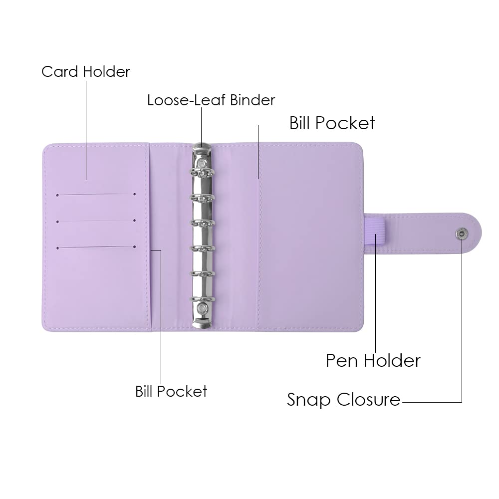 Purple A7 PU Budget Binder, 6 Ring Leather Binder Cover Money Organizer Loose Leaf Refillable Memo Folder Personal Notebook Binder Planner with Snap Closure for Budgeting