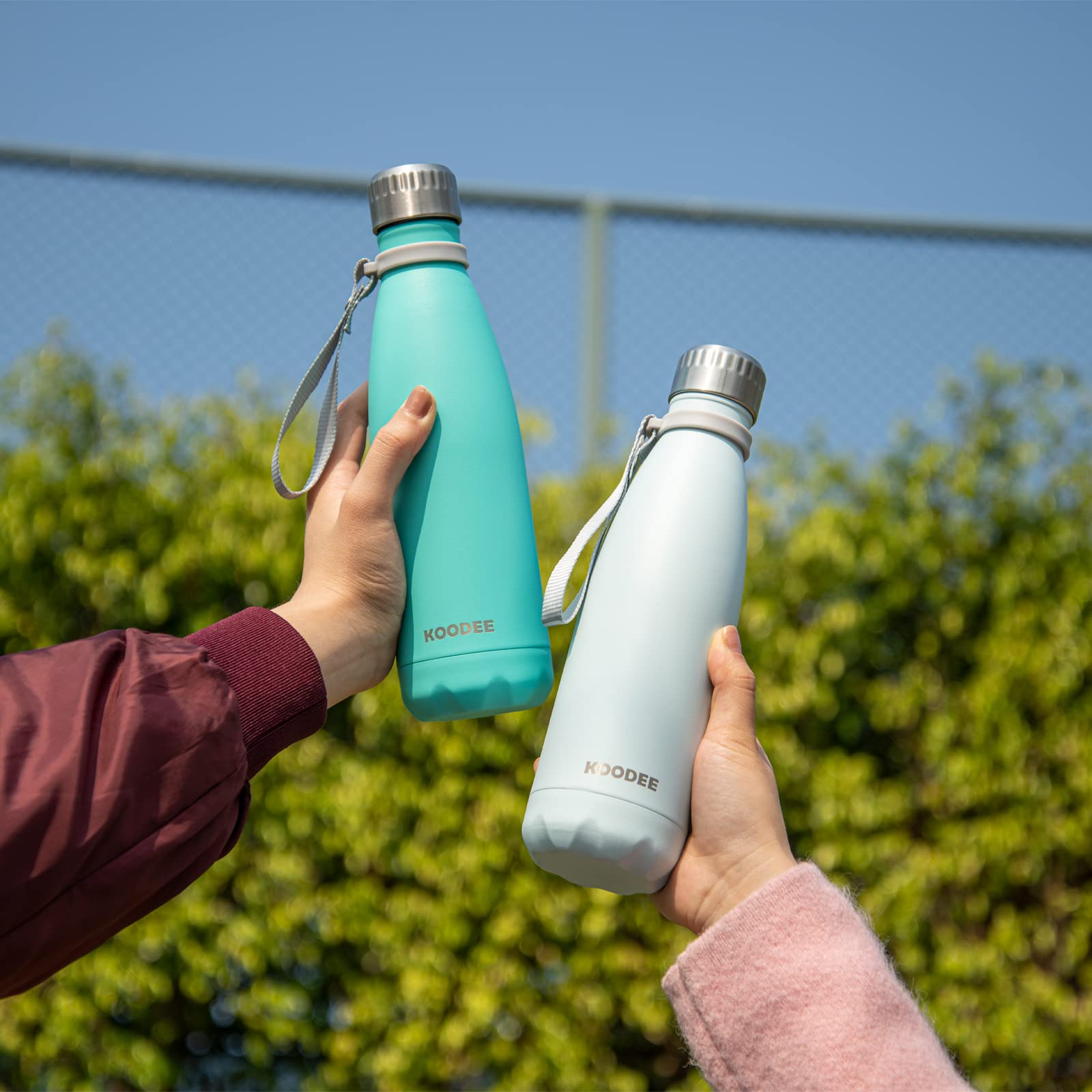 koodee Insulated Water Bottle(2 Pack) 18/8 Stainless Steel Double Wall Vacuum Water Bottle, 17 oz Cola Shape Travel Thermal Flask (2 Pack Aquamarine Blue)