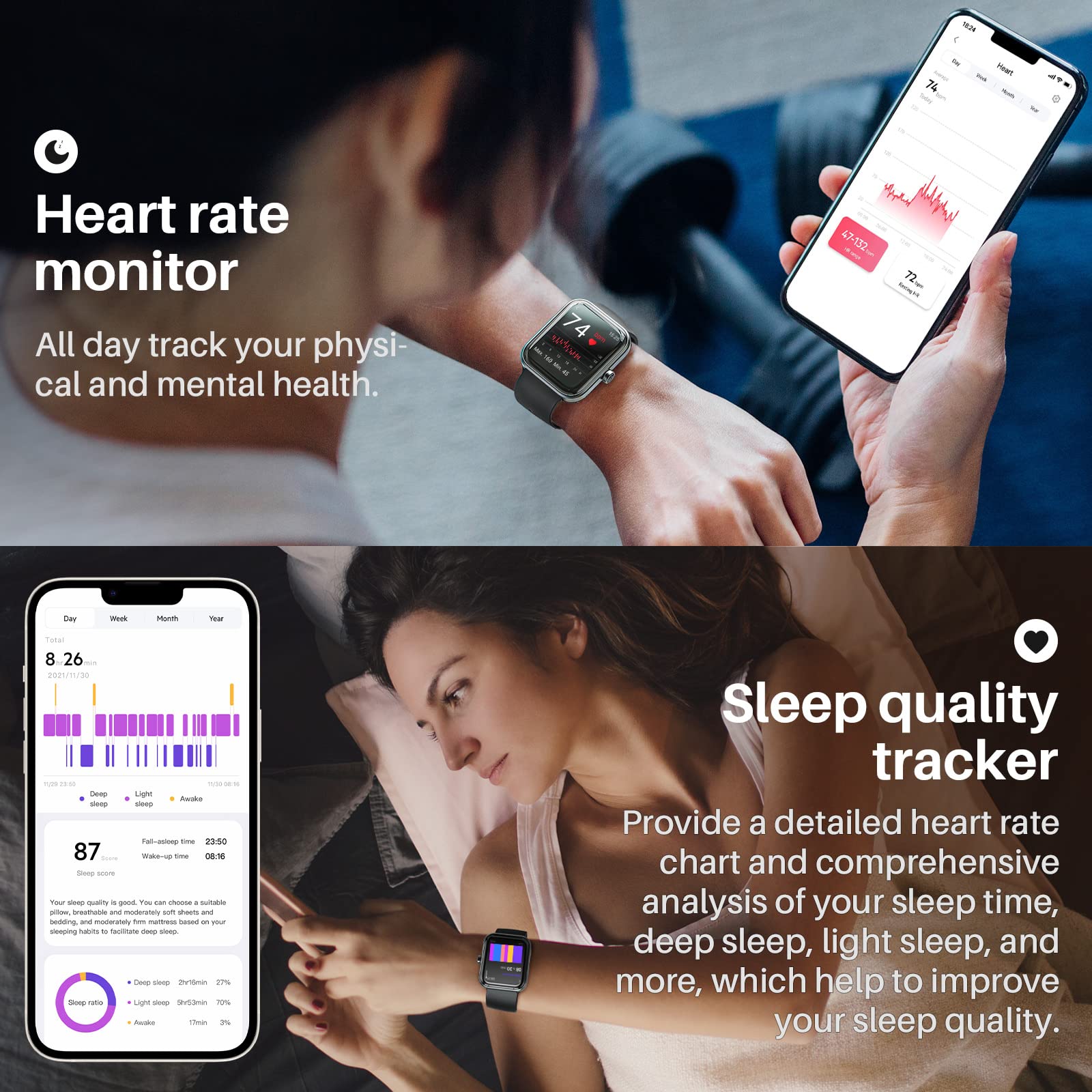 TOZO T10 Bluetooth 5.3 Wireless Earbuds Black S2 44mm 2023 Smart Watch Alexa Built-in Fitness Tracker Black