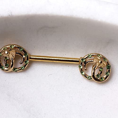 Pierced Owl 14GA Gold Plated Coiled Up Cobra Snake with Green Crystals Nipple Barbells, Sold as a Pair
