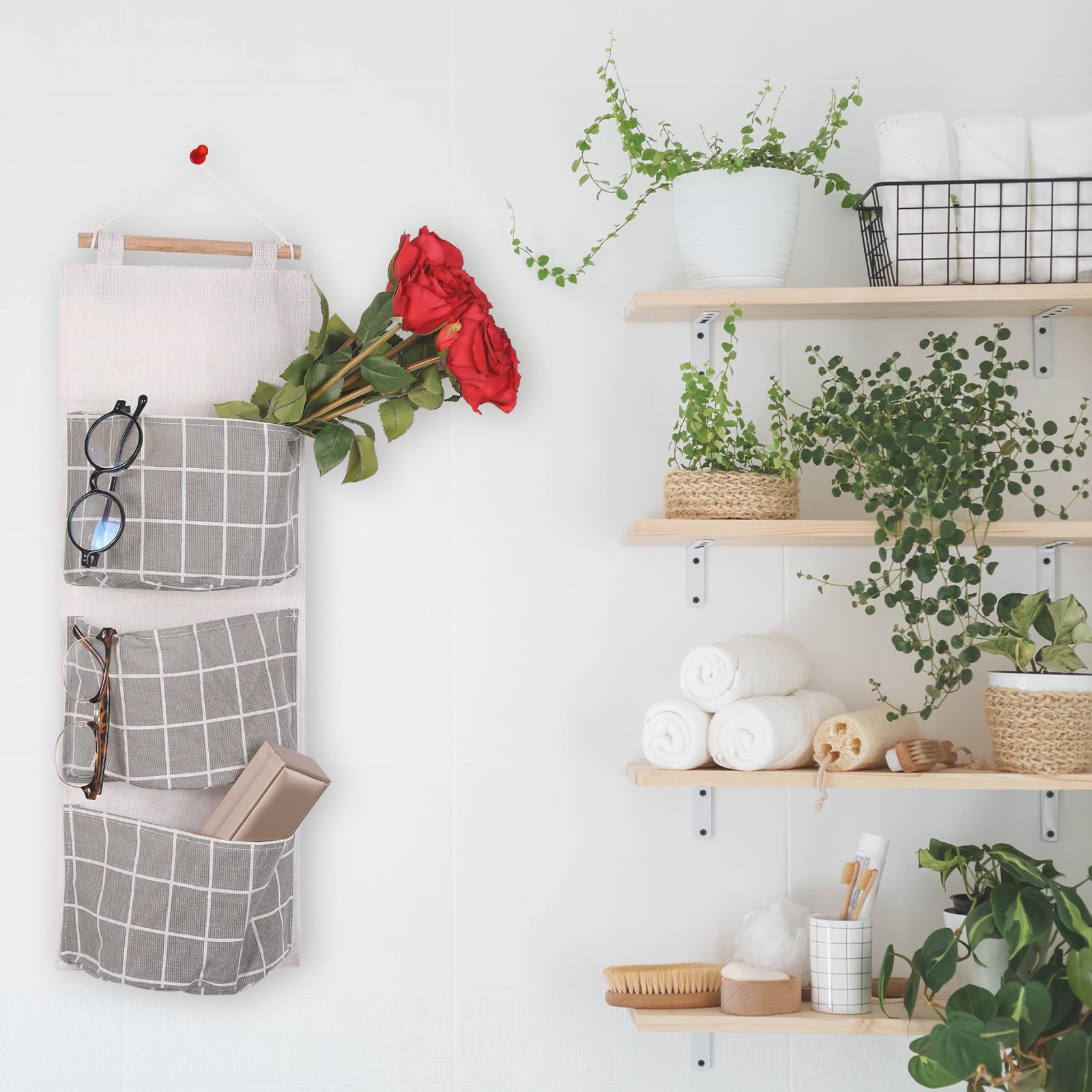 Wall Hanging Storage Bag Hanging Canvas Organizer Pouches with 3 Pockets, Waterproof Linen Farbric Canvas Hanging Storage Baske Over The Door Closet Organizer for Kitchen, Bedroom, Bathroom, Office