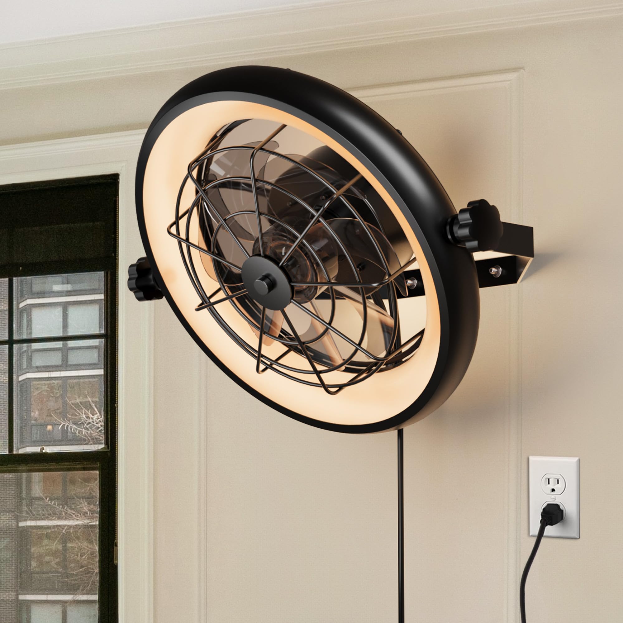 Wall Mount Fan 16" Wall Ceiling Fan with Lights and Remote, 6-Speed, LED Light, Timer, Industrial Wall Mounted Fan for Bedroom, Tool Room, Garage, Warehouse, Workshop, Covered Patios