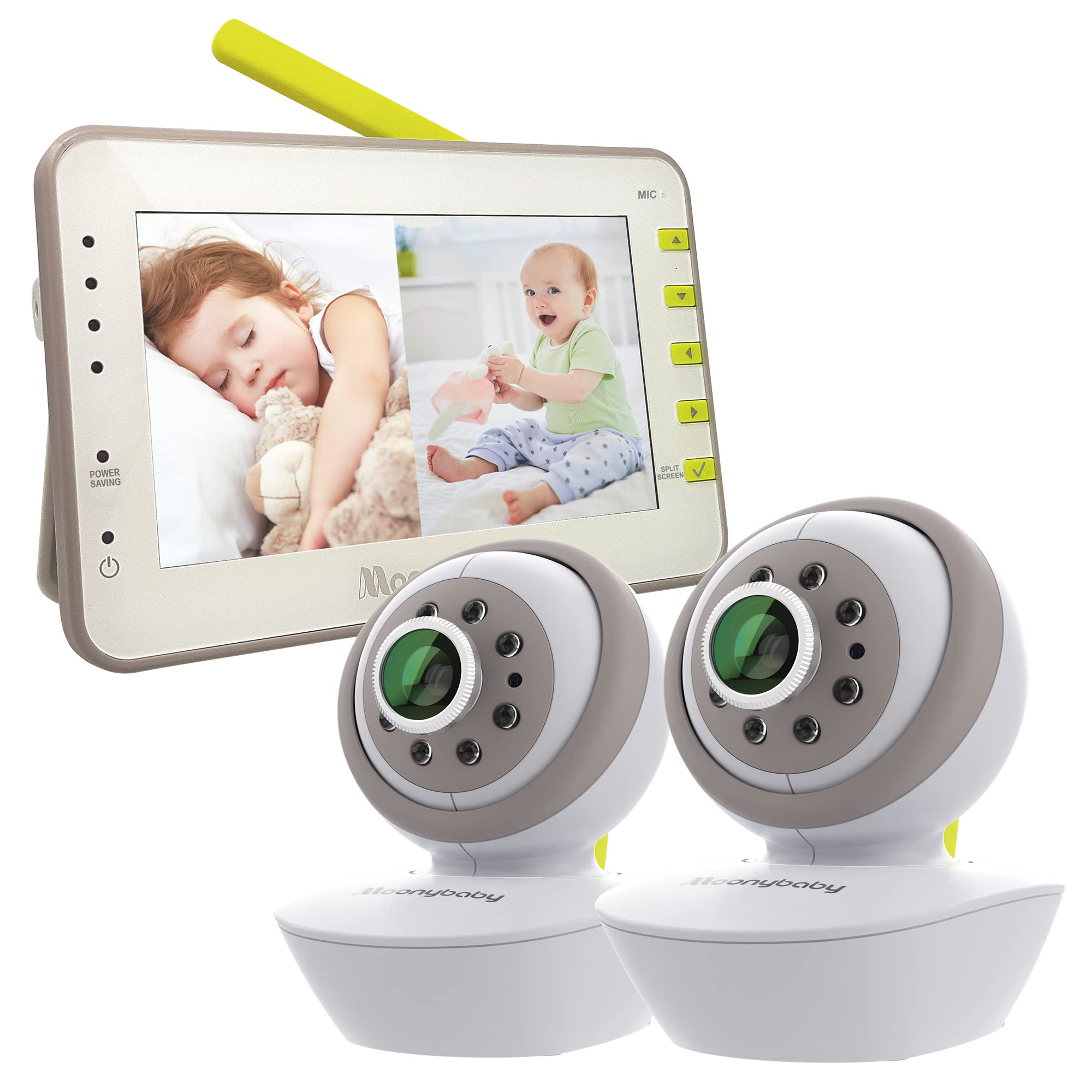 Moonybaby Split 55 Baby Monitor with 2 Cameras, Split Screen Video, No WiFi Pan Tilt Camera, Wide View Lens Included, 4.3 inches Large Monitor, Night Vision, Temperature, 2 Way Talk Back, Long Range
