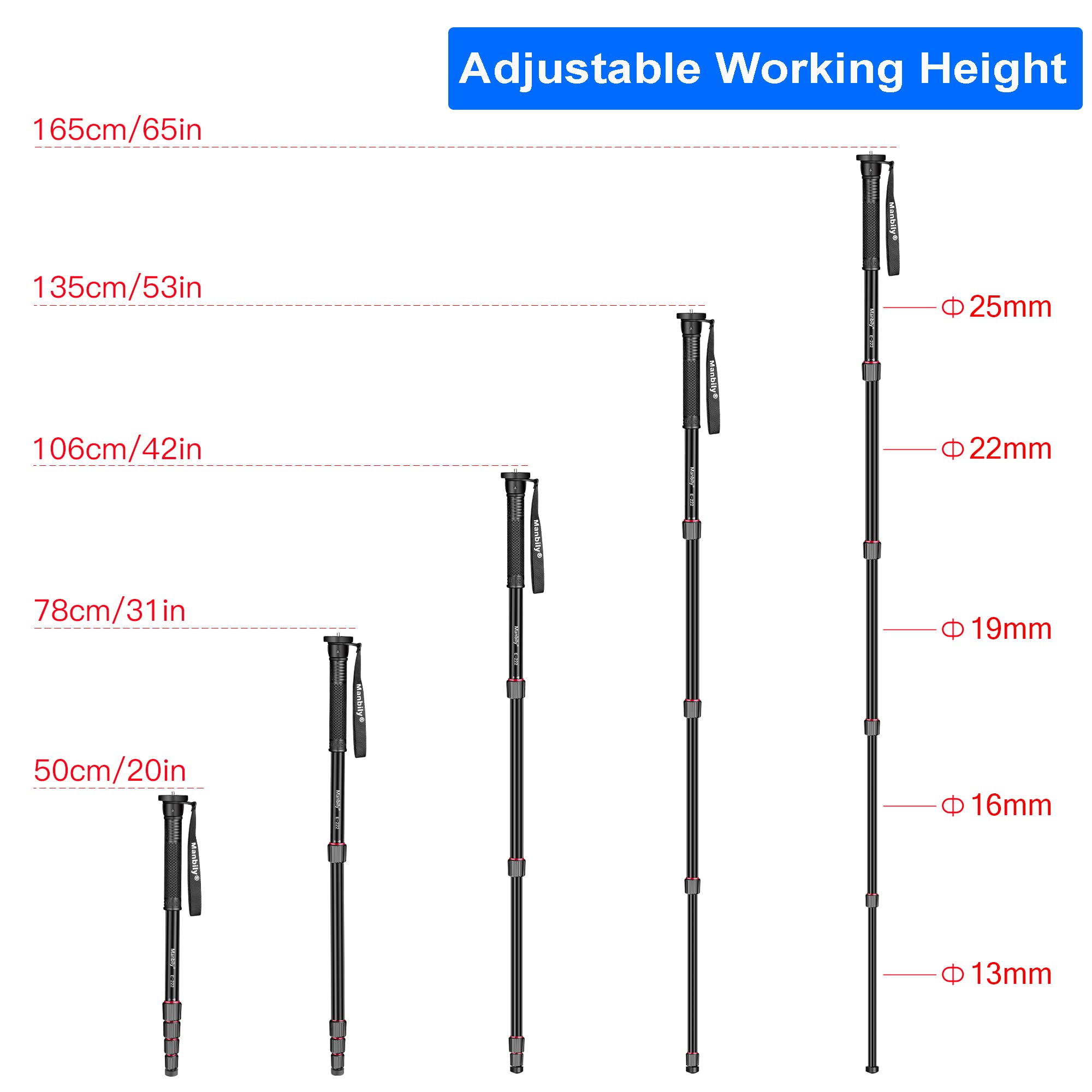 Manbily 65-Inch Camera Monopod, 5 Sections Aluminum Travel Monopod for Canon Nikon Sony DSLR Cameras Video Camcorder, Compact Portable Monopod Lightweight Walking Trekking Stick(E-222)