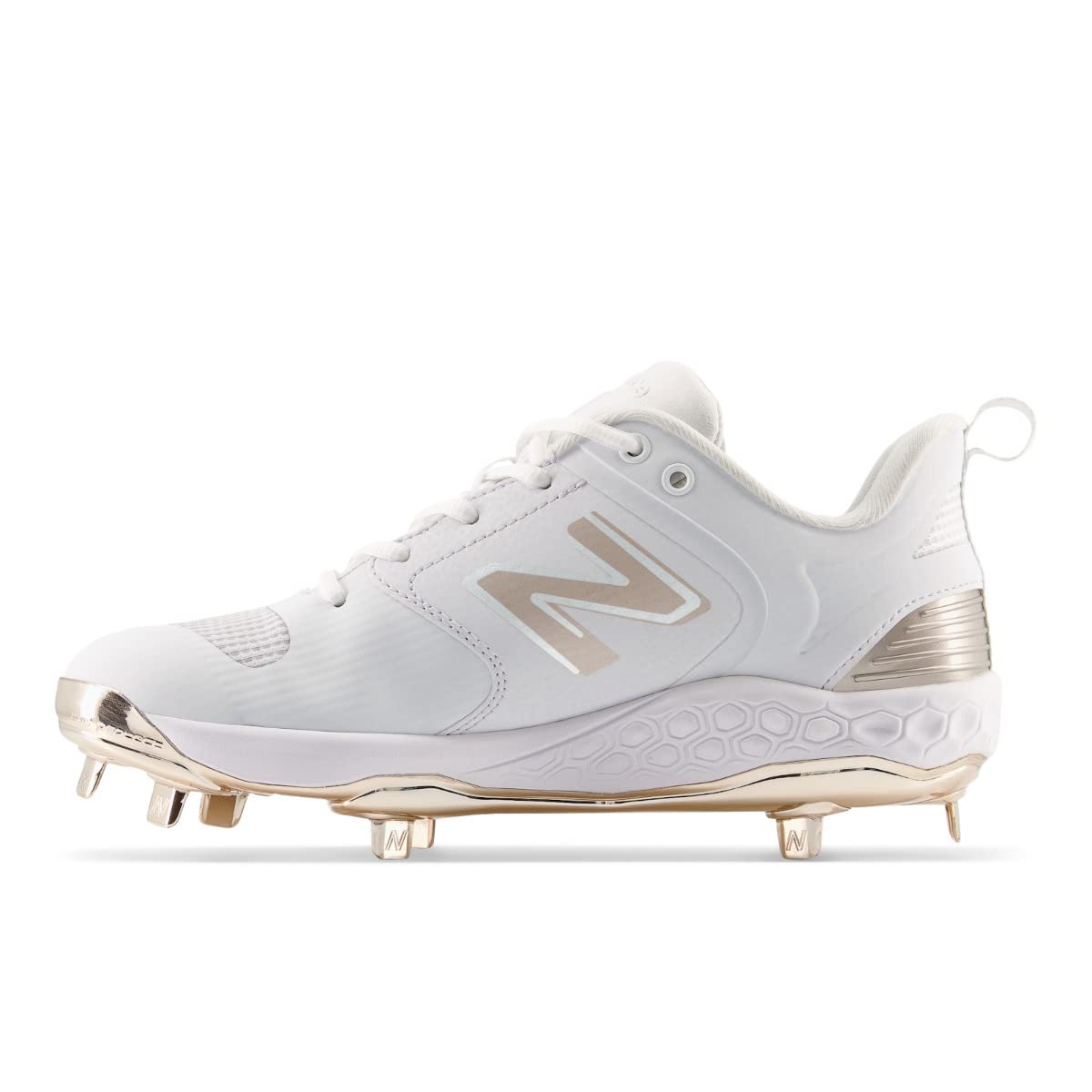 New Balance Women's Fresh Foam Velo V3 Softball Shoe, White/Champagne Metallic, 8