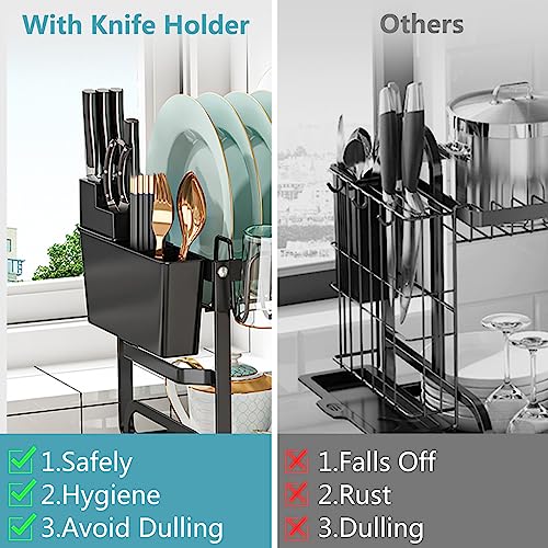 Makayla Dish Drying Rack - Rustproof, 2 Tier High Capacity and Solid Design, Metal Kitchen Counter and Cutting Board Organizer, Drainboard, Knife Cup Utensil Holder, Black