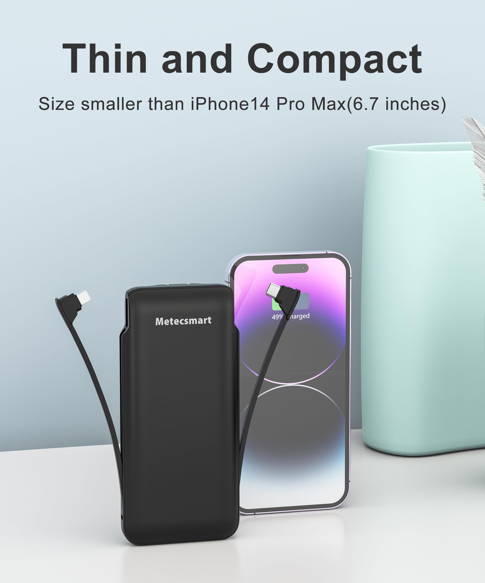 Metecsmart Portable Charger Power Bank with Built in Cable and AC Wall Plug, 10000mAh Fast USB C Phone Charger, Slim Thin Mini Charging Battery Pack Compatible with Smartphones and All USB-C Devices