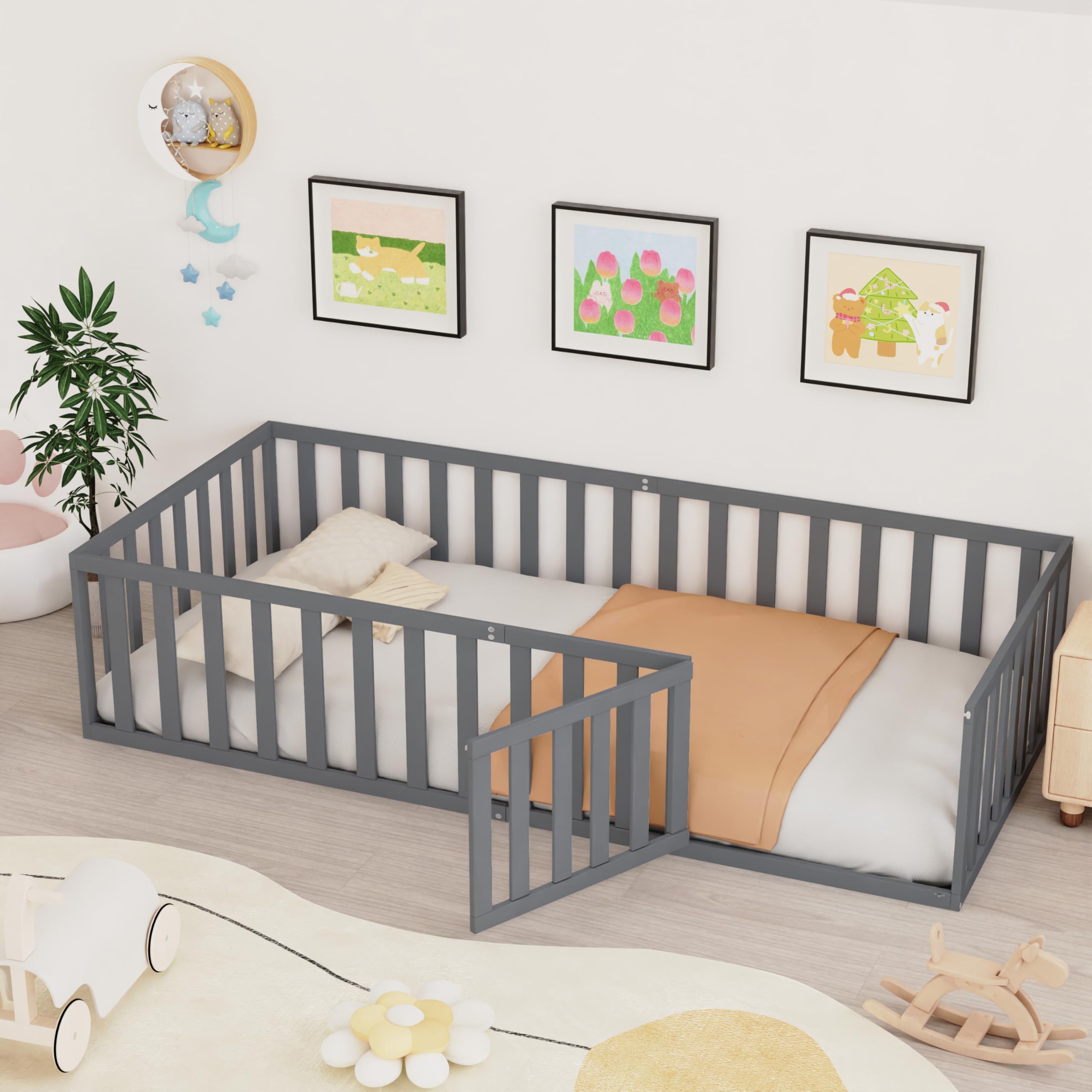 Twin Size Floor Bed for Kids, Wood Montessori Floor Beds with Guardrails & Detachable Door, Multifunctional Montessori Bed Frame for Boys Girls, Standard Size, No Weight Limit, Easy Assemble, Gray