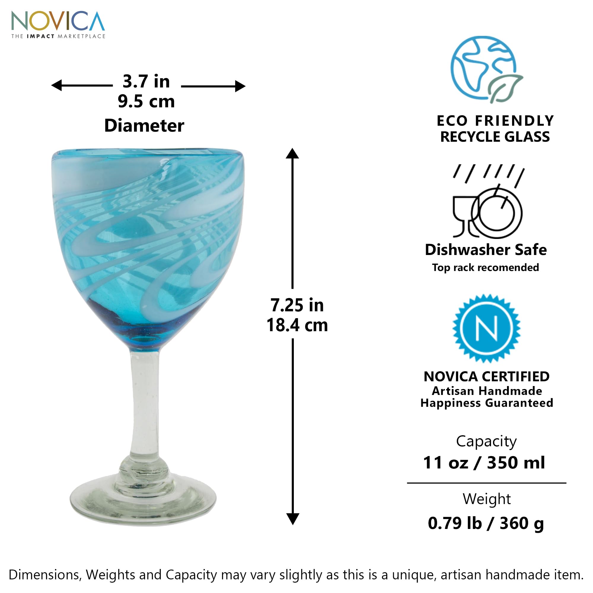 NOVICA Blue Hand Blown Glass Wine Glasses, 12 Oz, Whirling Aquamarine' (Set Of 6), Large
