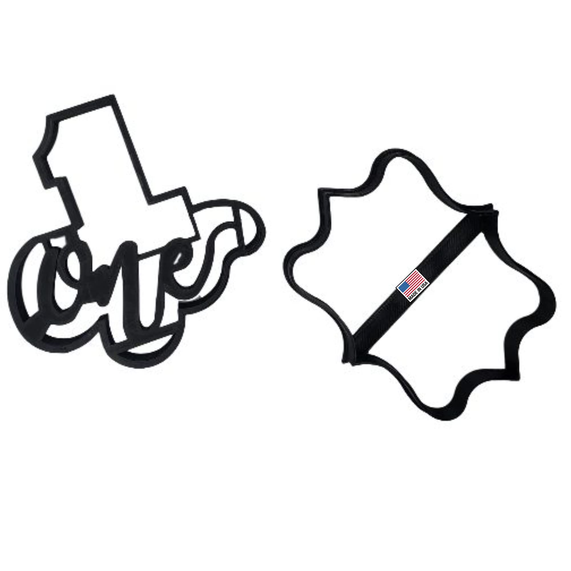 NUMBER ONE COOKIE CUTTER WITH PLAQUE One Year Baby Toddler Birthday Number With Word and Decorative Plaque Cookie Cutters Made In The USA (2 Pack)