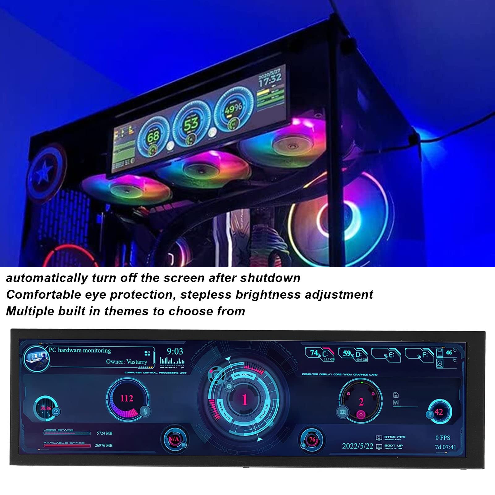 Rengu 8.8 Inch IPS Display, Multifunctional Chassis Secondary Screen for Computer