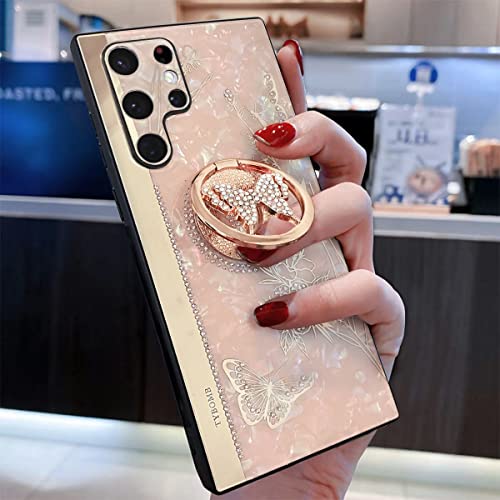 Topwin Galaxy S22 Ultra Kickstand Case, Cute Marble Conch Shell Floral Butterfly with Ring Stand Elegant Shockproof Protective Cover for Girls Women for Samsung Galaxy S22 Ultra (Rose Gold)