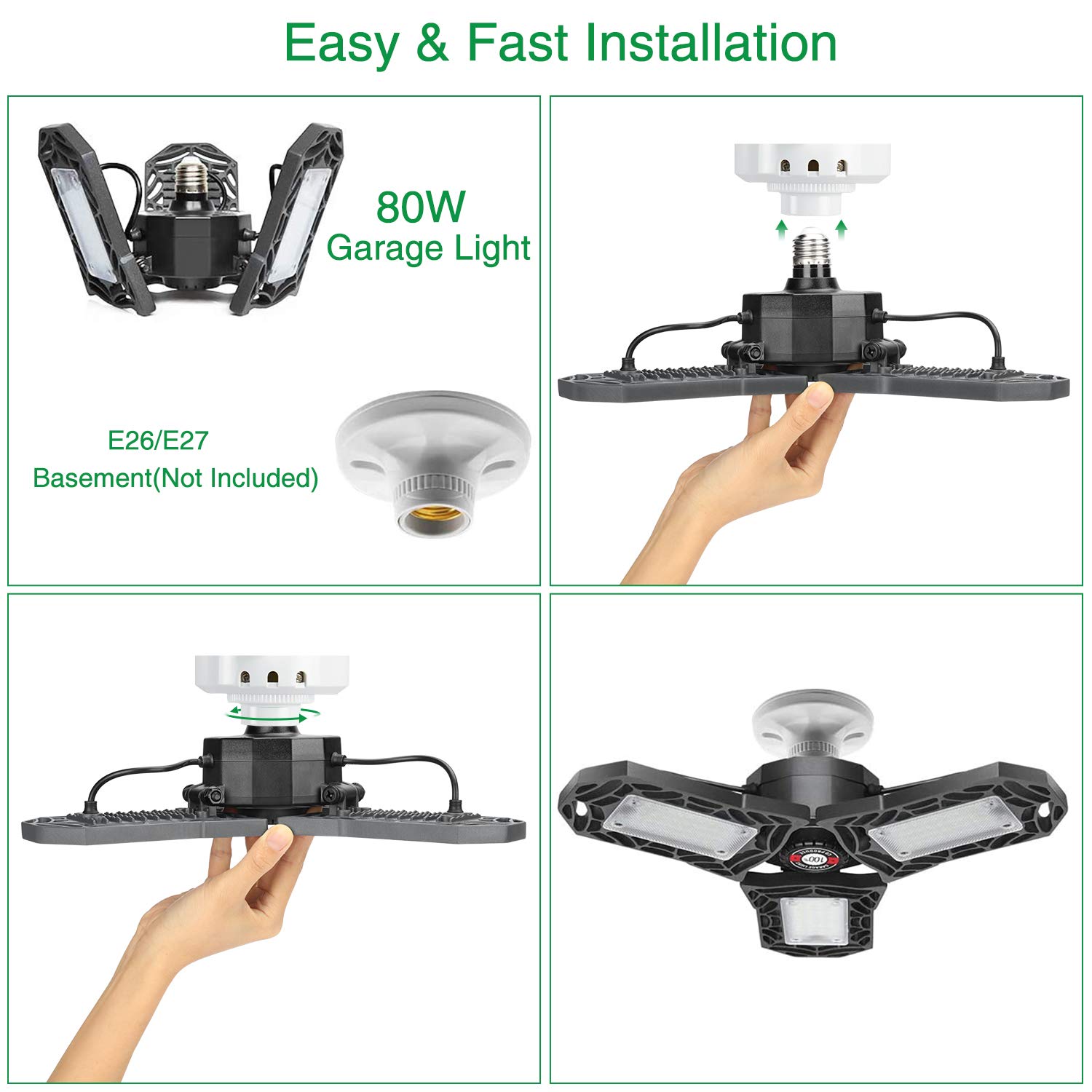 LED Garage Lights, 80W Deformable Garage Ceiling Light 8000LM E26 Basement Lights with 3 Adjustable LED Panels 270° – Fits for Garage, Warehouse, Barn, Workshop and Yard (NO Motion Activated)