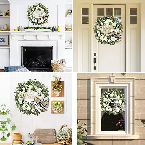 Waipfaru Eucalyptus Wreaths for Front Door, 20'' Green Outdoor Christmas Wreath with Welcome Sign and White Hydrangea for Fall Thanksgiving Decorations Home Wall Front Porch Window Patio Garden Decor