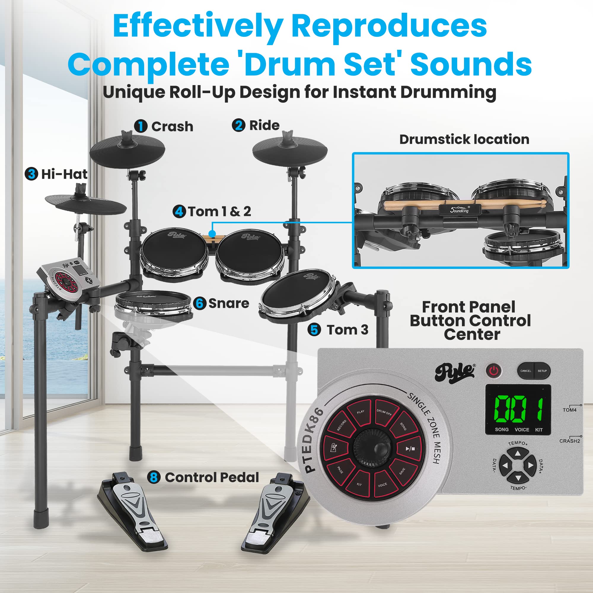Pyle Electric Drum Set-Portable Quiet Electronic Kit with Mesh, Touch Sensitive Pads for Beginner, Supports MIDI (Mac & PC), Easy to Setup, Sticks Included for Home&Outdoor-PTEDK86 Black