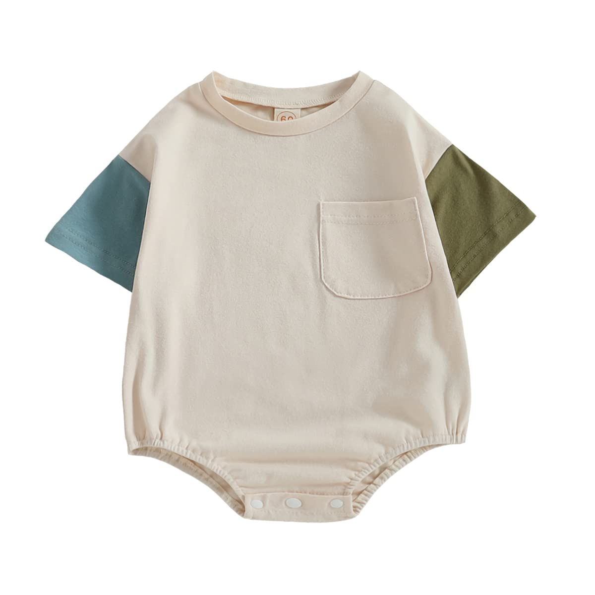 Twopumpkin Baby Bubble Romper Newborn Boy Girl Oversized Color Block Short Sleeve Onesie Summer Clothes Cute Outfits (Pocket Blue Green,6-12 Months)