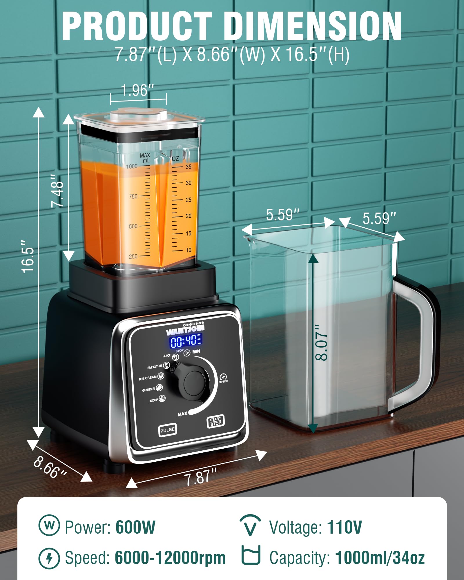 WantJoin Blender for Kitchen with Sound Shield Silent Blender Professional Countertop Quiet Blender Self-Cleaning Multifunctional for Milk Shakes Smoothie Juice Commercial Home 34Oz/1L Capacity