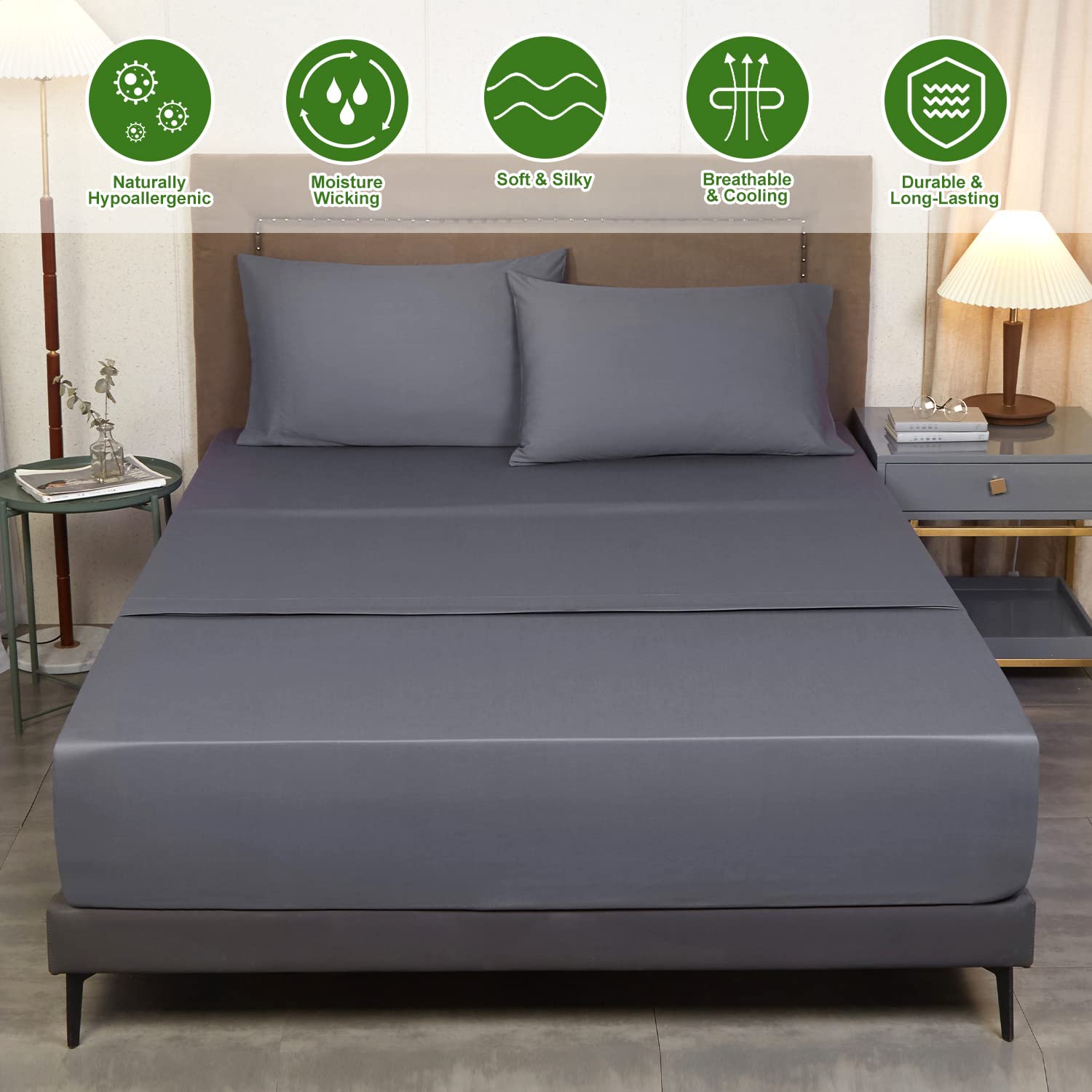 Ivellow Deep Pocket King Sheets, Rayon Derived from Bamboo, Extra Deep Pocket up to 18"-24", Hotel Luxury Cooling Sheets for King Size Bed, Silky Soft, Smooth, Breathable Bed Sheets Grey