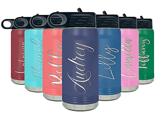 Personalized Bottle 20 oz with Straw Navy Blue Custom Laser Engraved Stainless Steel Vacuum Insulated Sport Bottle with Name