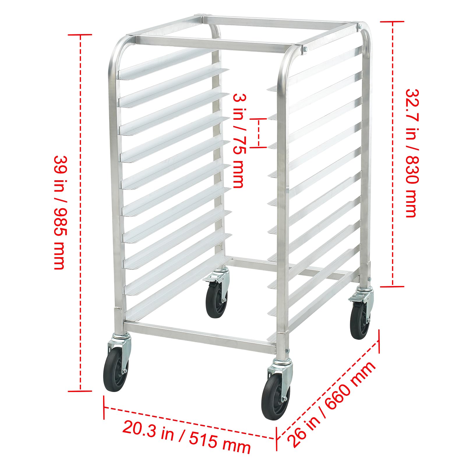 Zoorse Bun Pan Rack, 10-Tier Commercial Bakery Rack with Brake Wheels, Aluminum Racking Trolley for Half & Full Sheets, Speed Rack for Kitchen and Home, 26" L x 20.3" W x 39" H