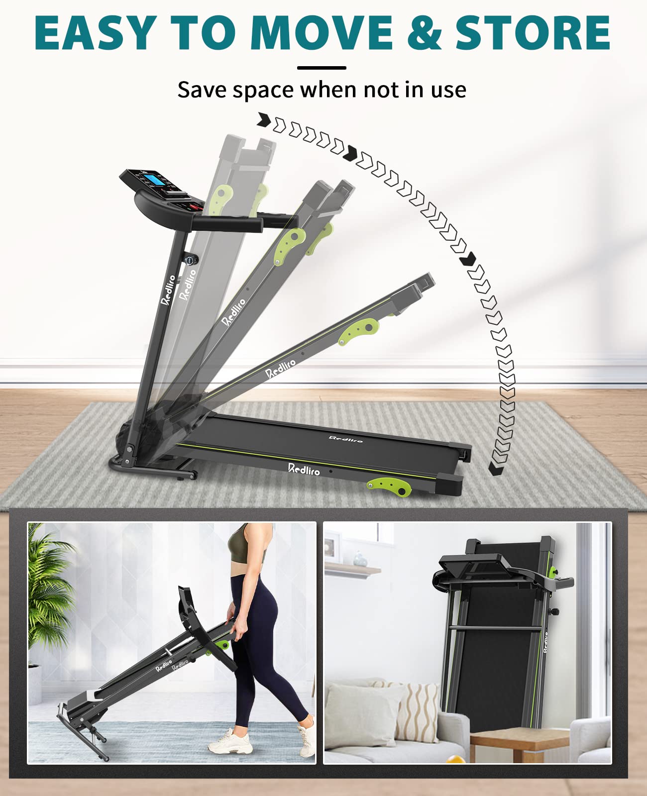 REDLIRO Foldable Treadmill with Incline, Portable Run Walking Folding Compact Exercise Machine with 12 Preset Program, LED Display, Easy Assembly for Small Space Fitness Electric Workout for Home