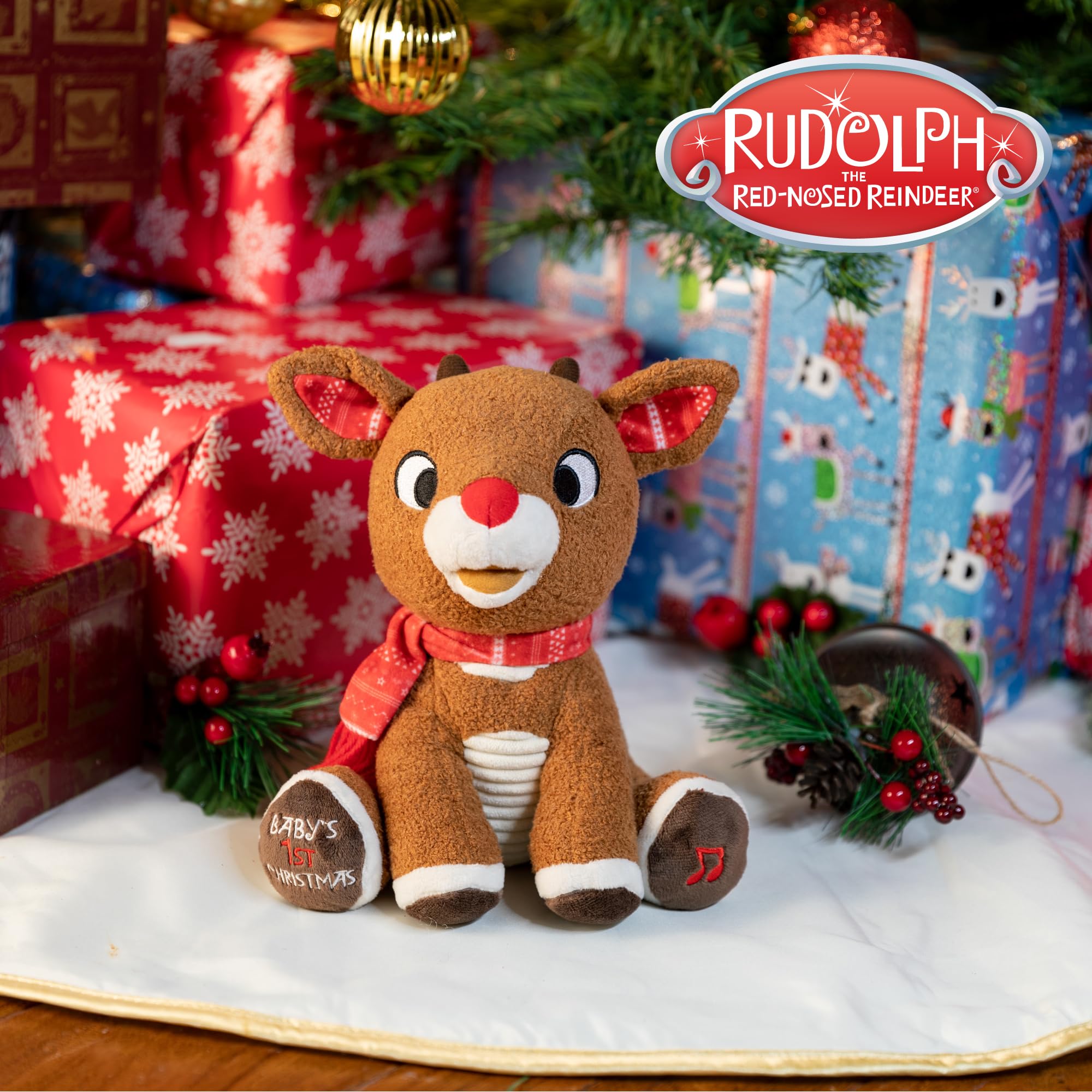 KIDS PREFERRED Santa Claus Rudolph The Red-Nosed Reindeer Musical Stuffed Animal, Baby's First Christmas Plush, 8 Inches