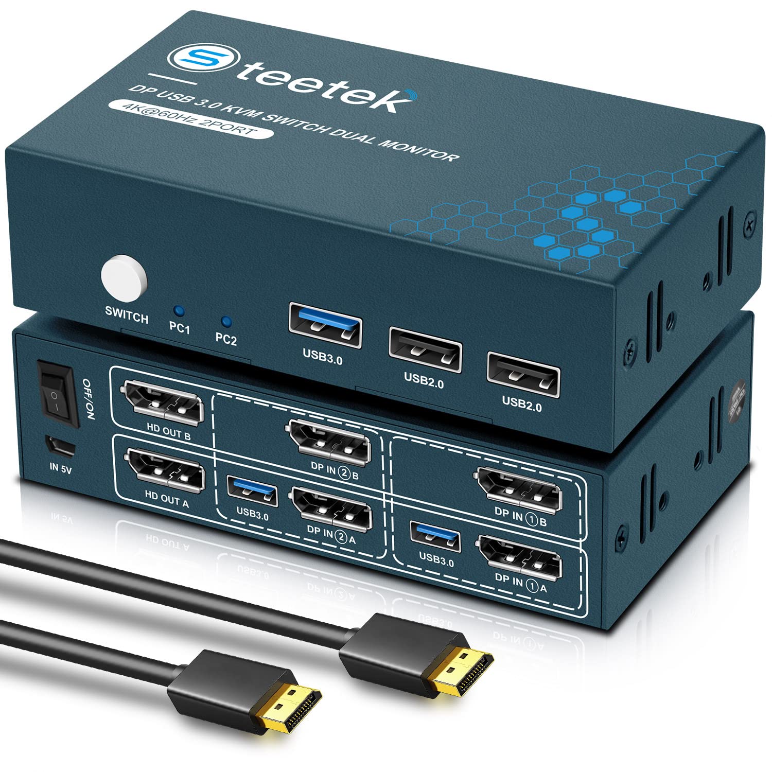 Steetek USB 3.0 Displayport KVM Switch Dual Monitor, 4K@60Hz 2 Monitors 2 Computers DP KVM Switch, 2 in 2 Out Displayport kvm with USB 3.0 Port, Button Switch, with 4 DP and 2 USB 3.0 Cables
