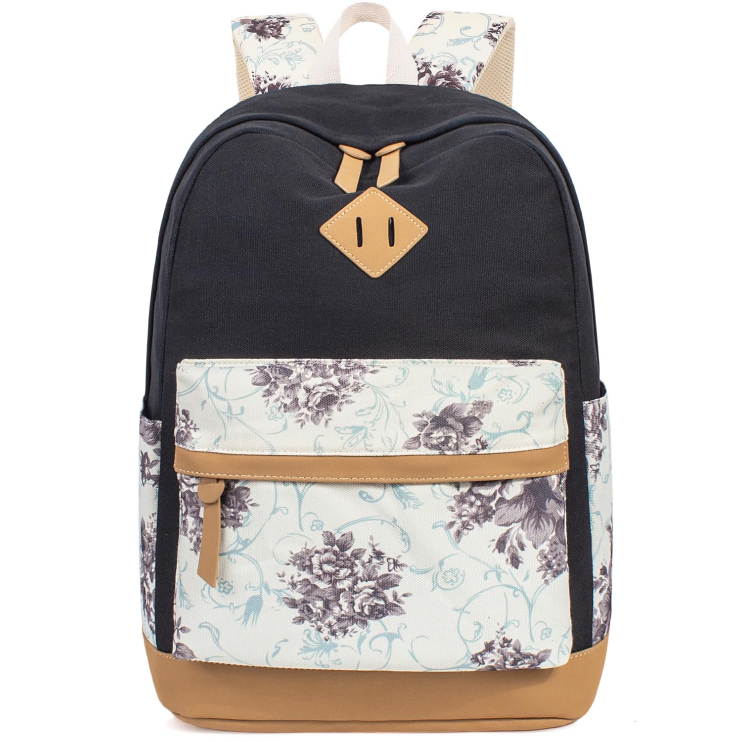 Leaper Floral Canvas Backpack Laptop Bag Daypack Lunch Bag Purse 3 in 1 Black