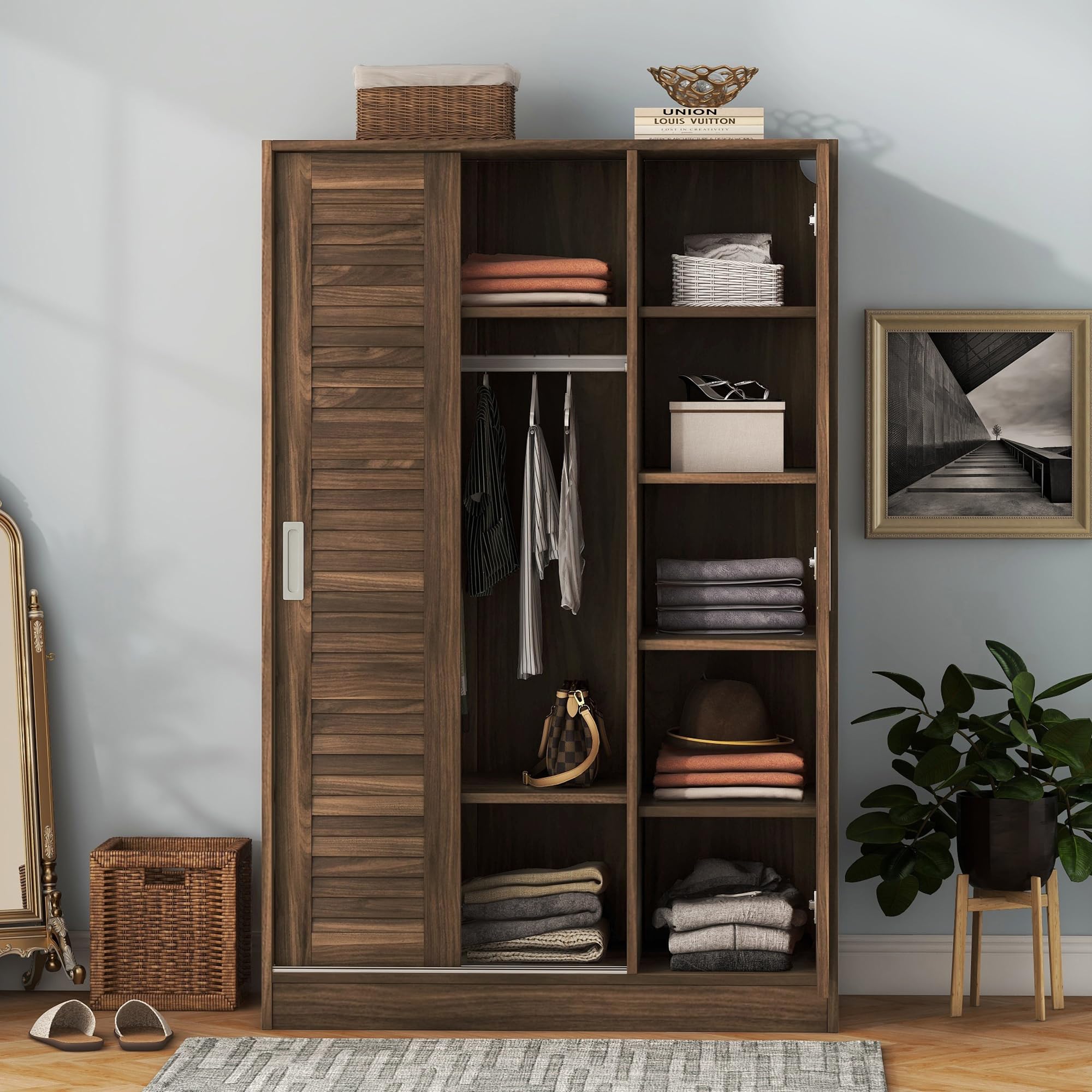Lifeand Modern 3-Door Shutter Wardrobe with Shelves and Hanging Area, Spacious and Organized Closet Bedroom Armoires, Walnut