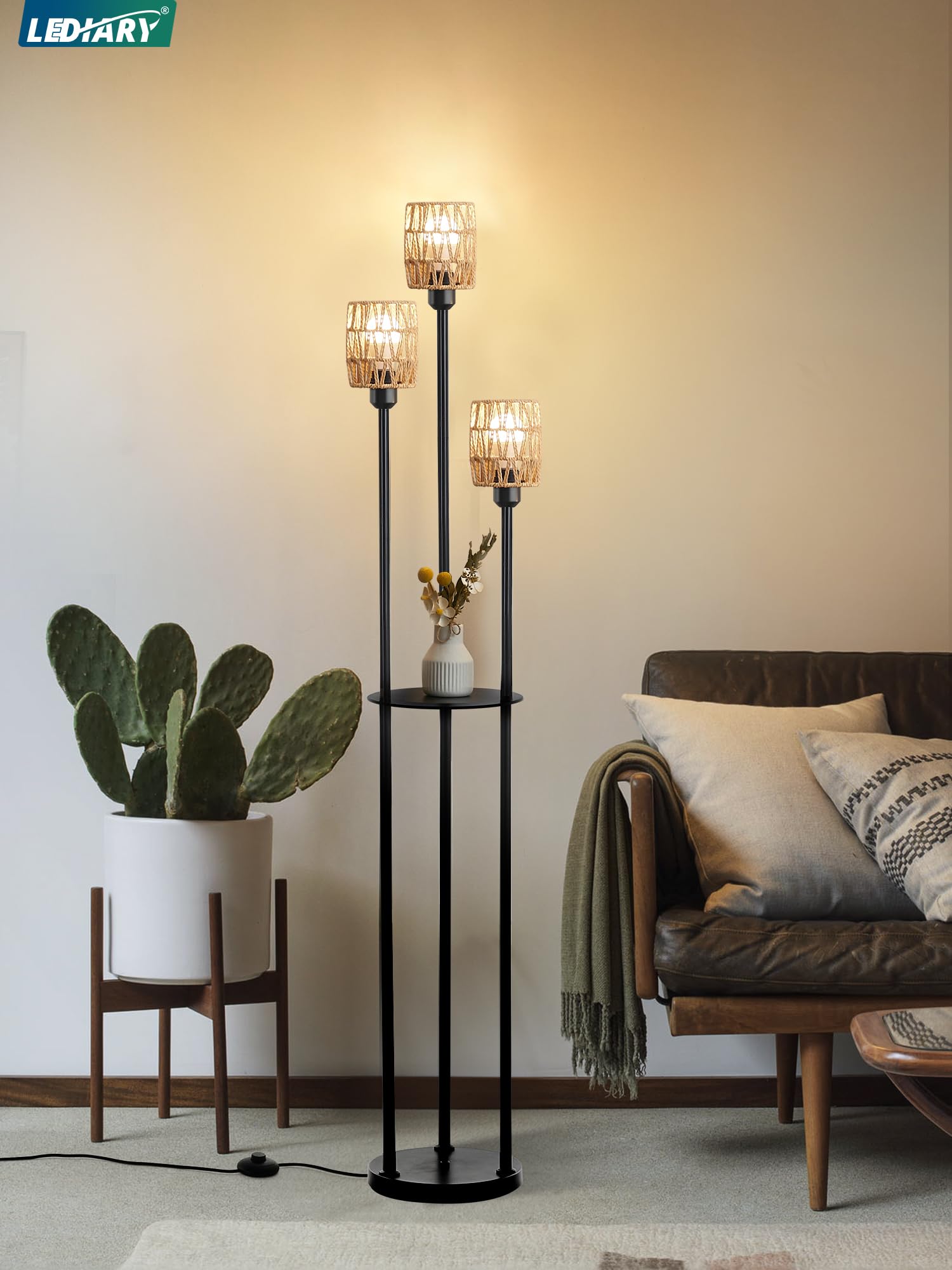 LEDIARY 65" Boho Floor Lamp for Living Room Rattan Floor Lamp with Shelves, 3 LED Bulbs Included Standing Lamp, Floor Lamp for Living Room, Bedroom, Office