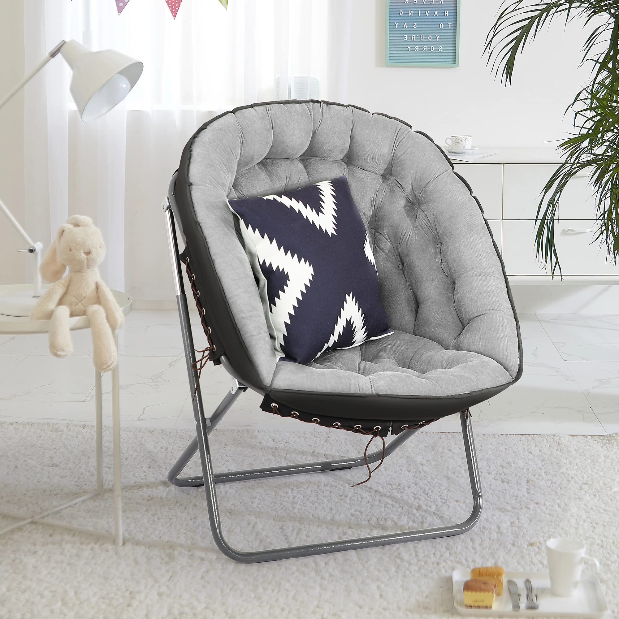 iw I WISH Saucer Chair for Adults,Folding Saucer Chair,Oversized Saucer Chair,Comfy Foldable Chair for Bedroom,Moon Chair,300 lbs (Grey)