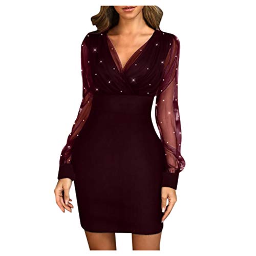 Pinkpaopao Pearl Mesh Elegant Dress for Women Lace Long Sleev V Neck Solid Color Slim Wrap Dress