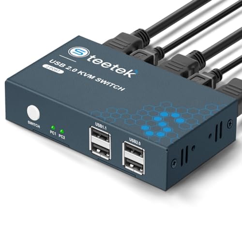 Steetek HDMI KVM Switch USB 3.0, 2 in 1 Out 4K@60Hz Kvm Switch, for 2 Computers Share 1 Monitor 1 Set Keyboard Mouse USB 3.0 Kvm Switch, Button Switching, with 2 USB and 2 HDMI Cables