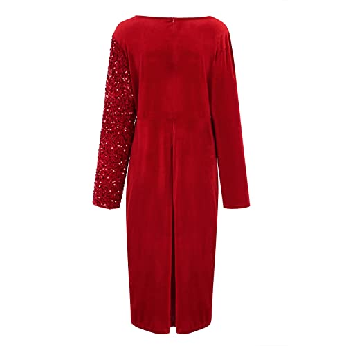 Pinkpaopao Plus Size Women's Prom Dress Hollow Out Sequins Long Sleeve High Waisted Patchwork Elegant Midi Dress Red