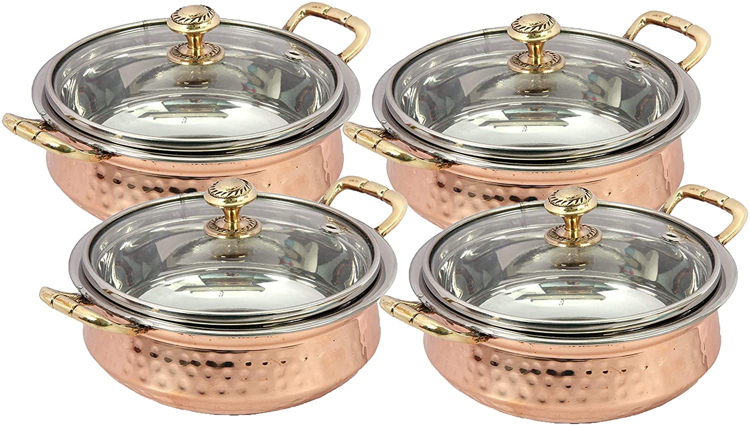PARIJAT HANDICRAFT Indian Hammered Copper Serving Bowl for Food Soup with Handle and Glass Lid Decorative Small Seveware Pack of 6