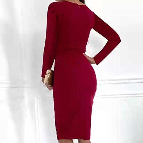 Pinkpaopao Ruched Wasited Split Dress for Women Solid Color Puff Long Sleeve Zipper Dress Deep V Neck Wrap Dress