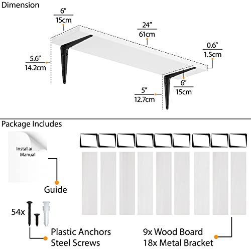 Wallniture Arras Floating Shelves for Living Room Decor, 24" Wall Shelves Office & Kitchen Organization, White Long Bookshelf Set of 9