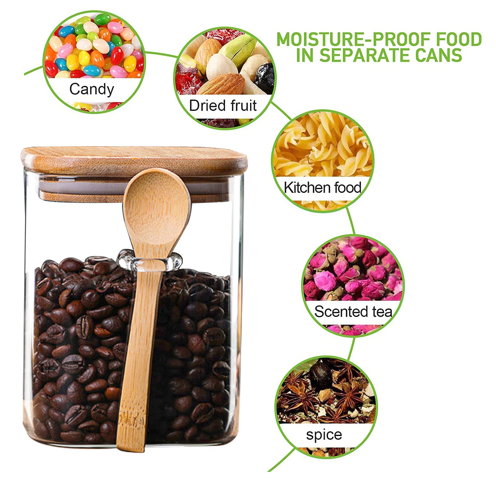 NEPIVEL 4 Pack Glass Jars with Bamboo Lids, 18.5Oz Containers Airtight Lid and Spoons,100% Sealed Spice for Candy Coffee Beans Sugar Nuts Cookies,540ml
