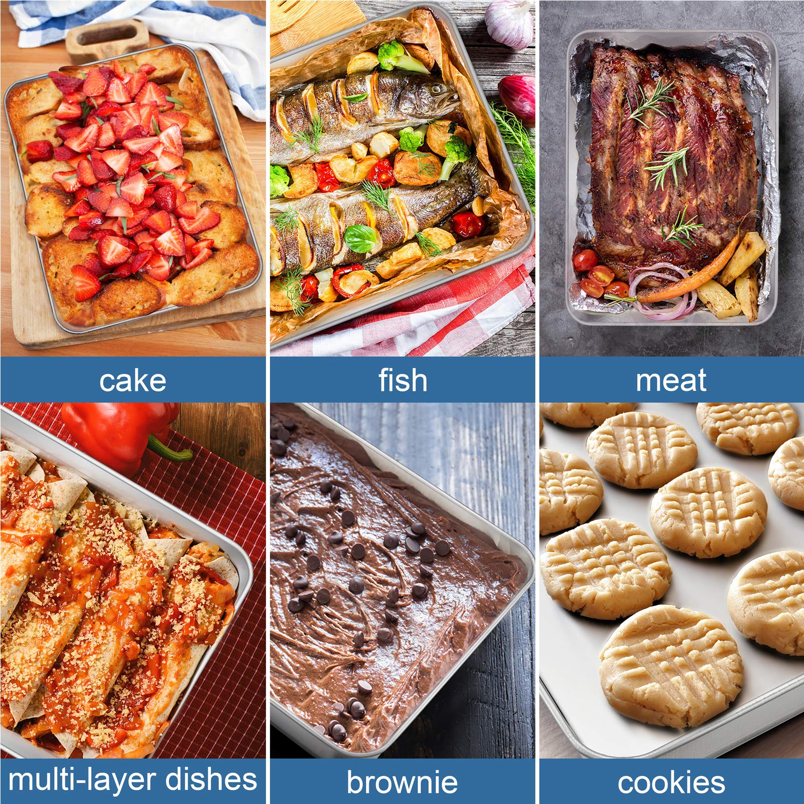 P&P CHEF Baking Sheet Rectangular Cake Pan, Stainless Steel Lasagna Pan for Lasagna Brownie Fish Meats, 9.7-inch by 12.3-inch, Heavy Duty & Easy Clean, Rectangle - Silver