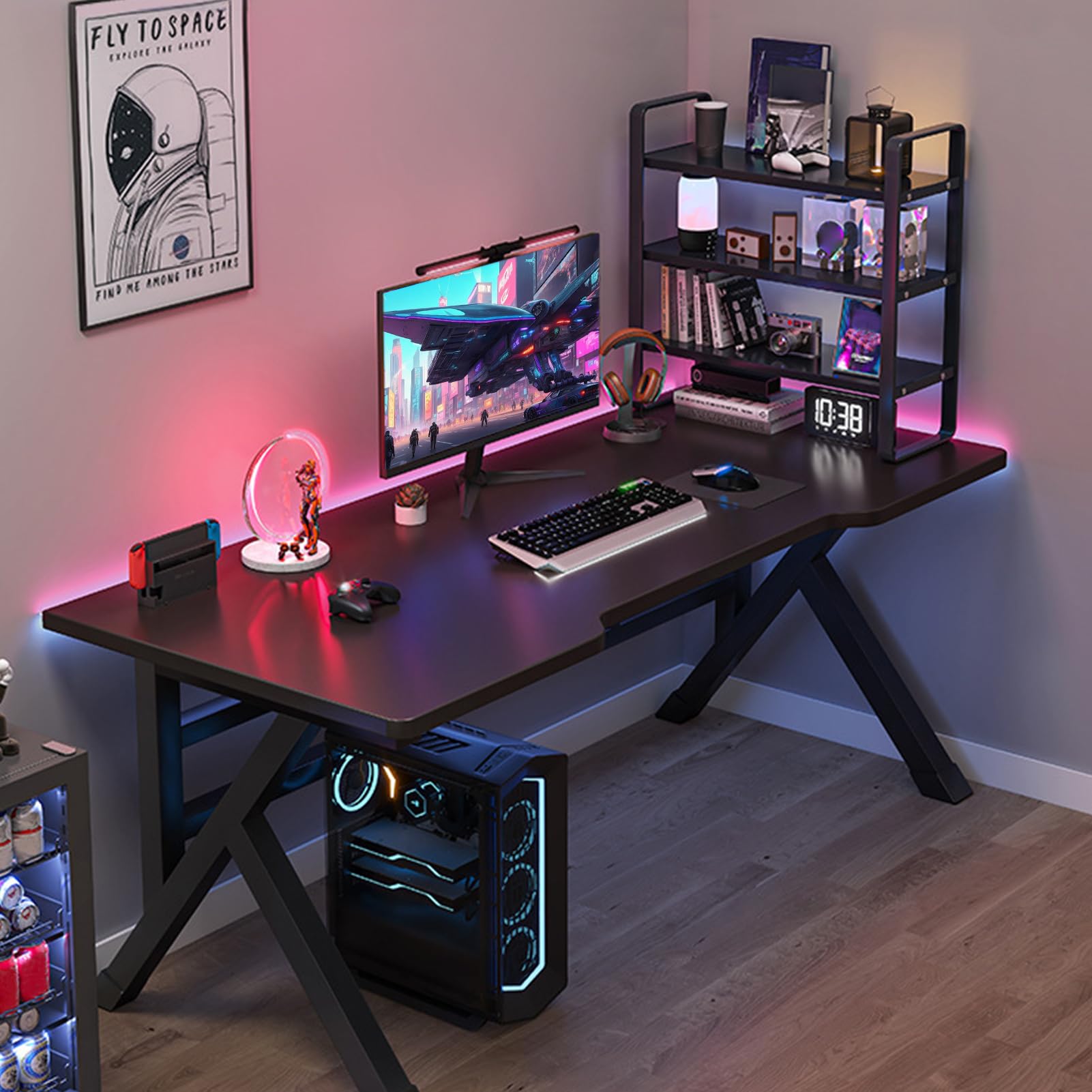 Washranp Computer Desk Gaming Desk,X-Shaped Gaming Table Sturdy PC Workstation Desk for Home Office with Cable Holes,Large PC Gamer Desk Gaming Table for Bedroom Living Room Black